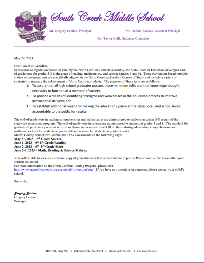 EOG letter | South Creek Middle School