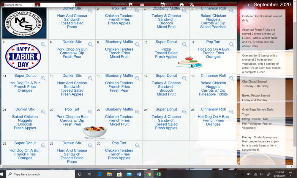 Breakfast/Lunch Menu for September 2020 | E.J. Hayes Elementary